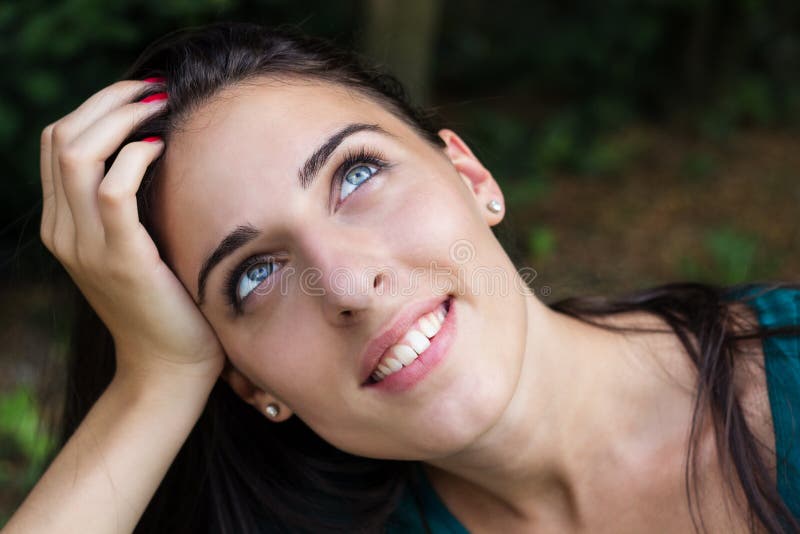 Portrait of Smiling Beautiful Female Looking Up Stock Image - Image of ...
