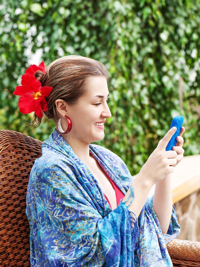 Portrait of Smiling Beautiful Woman Texting with Her Phone Stock Image ...