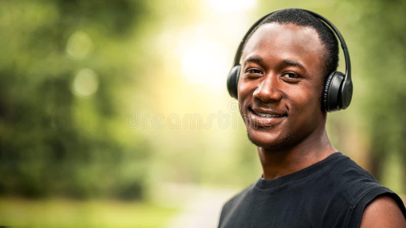 Portrait of Smiling Black Guy with Wireless Headset, Training Outdoors ...
