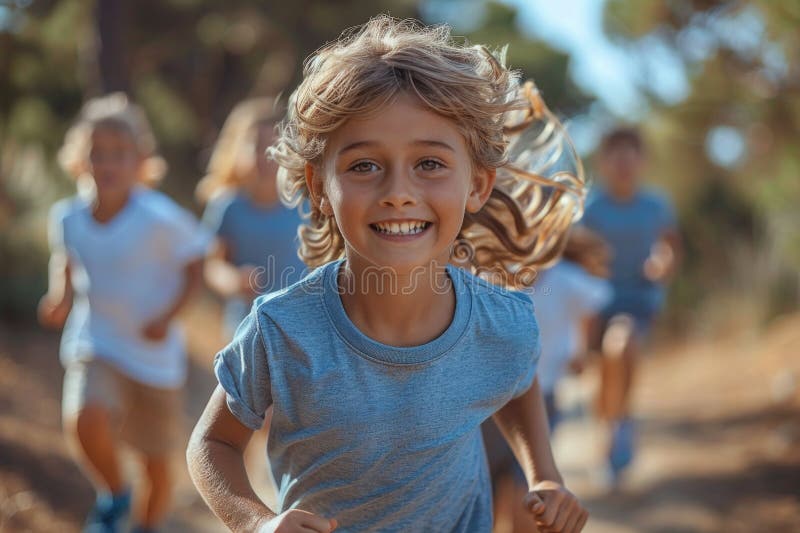 Portrait of Smiling Boy Running in Forest during Obstacle Course in ...