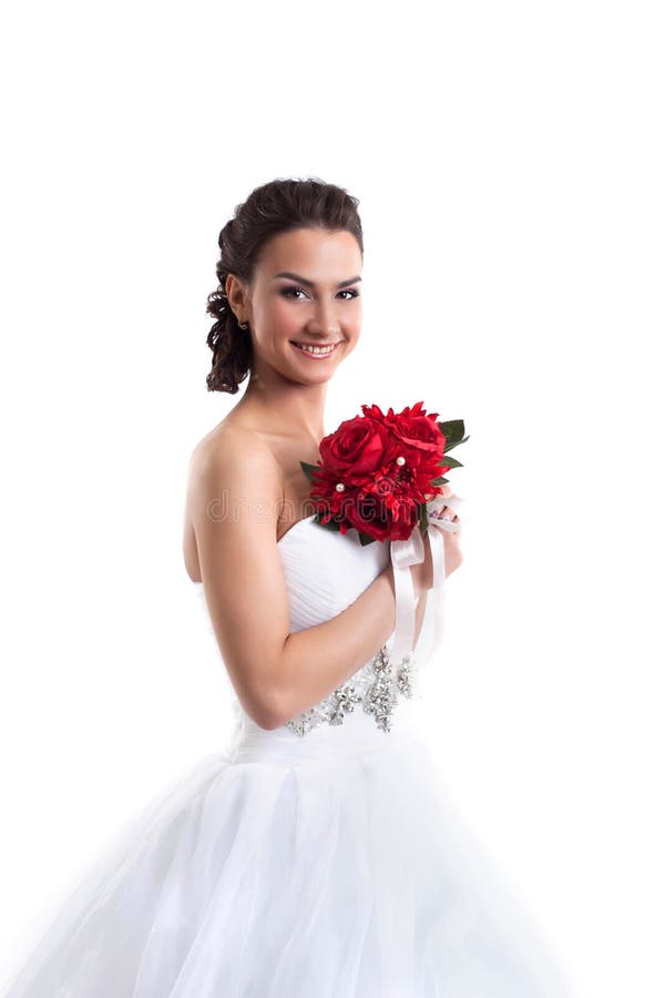 Portrait of Smiling Bride Posing with Bouquet Stock Photo - Image of ...
