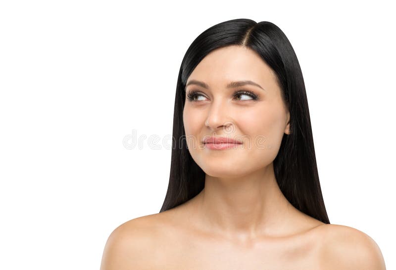 Portrait Smiling Brunette Lady Who Looking Something Right Side Stock ...