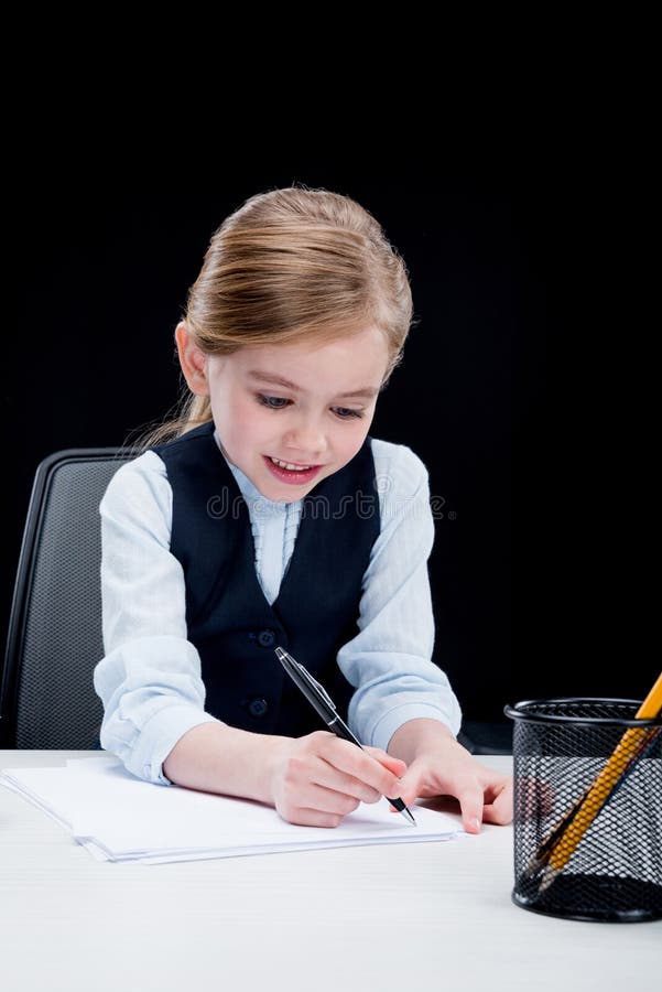 Portrait of Smiling Business Girl Writing at Table Stock Photo - Image ...
