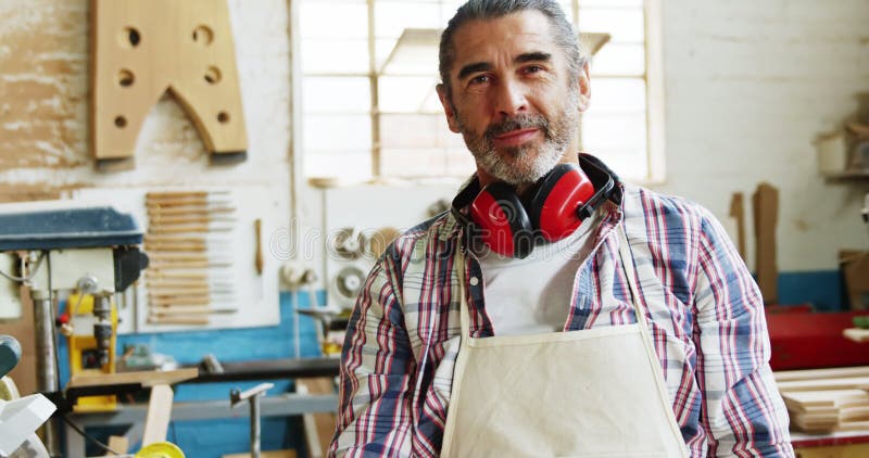 Portrait of Smiling Carpenter Standing Stock Video - Video of wooden ...