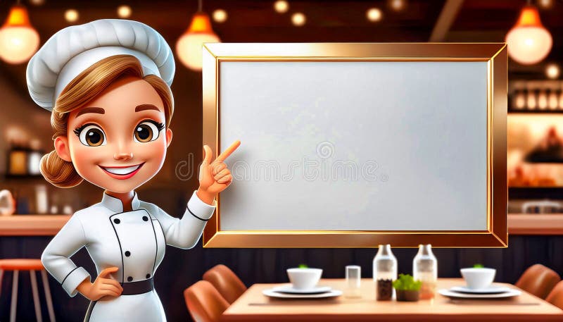 Portrait of Smiling Cartoon Chef Pointing on Whiteboard with Blank ...