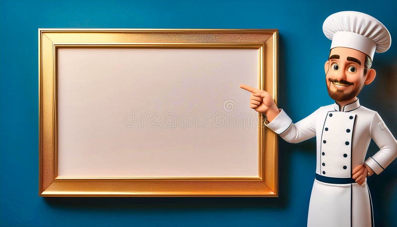 Portrait of Smiling Cartoon Chef Pointing on Whiteboard with Blank ...
