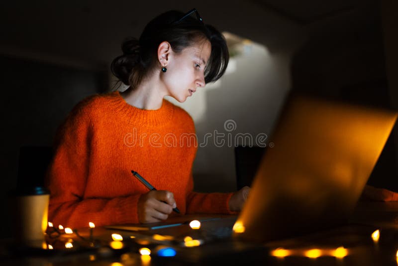 Portrait Of Smiling Designer Girl Working At Graphic Tablet On Laptop