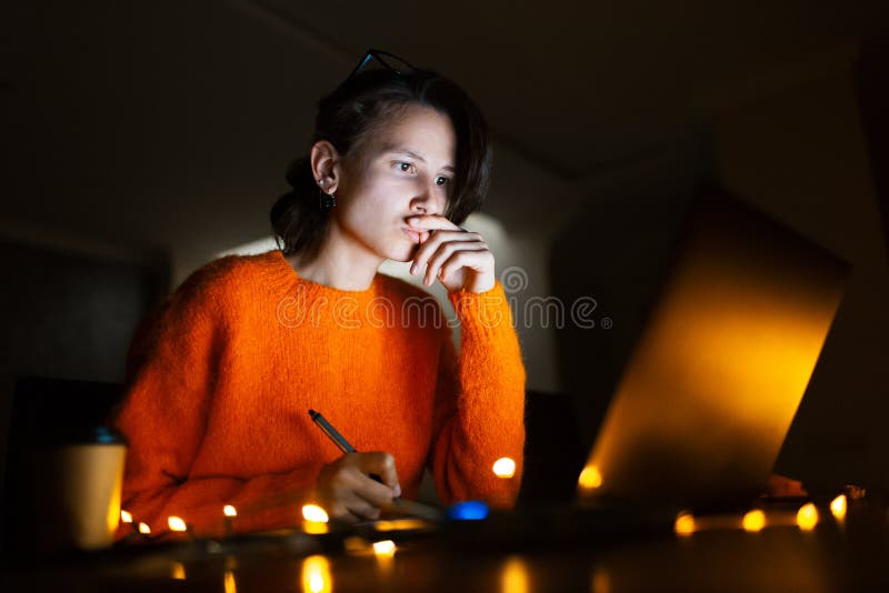 Portrait Of Smiling Designer Girl Working At Graphic Tablet On Laptop