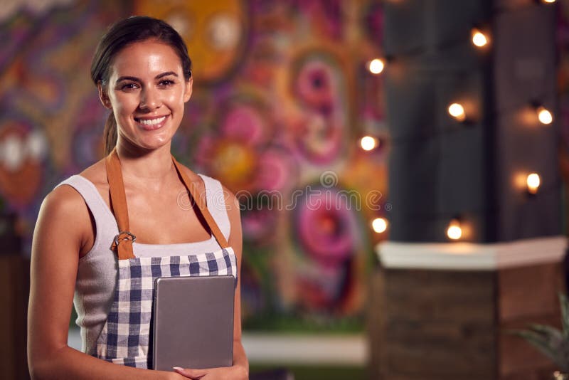 Portrait of Smiling Female Server with Digital Tablet Working Night ...