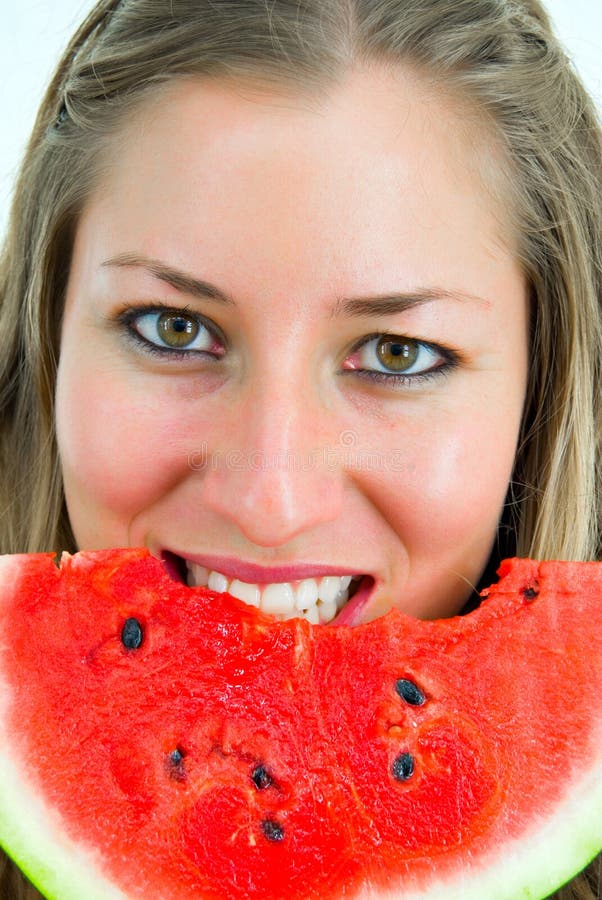 Portrait Of A Smiling Girl Eating A Water-melon Stock Image - Image of ...
