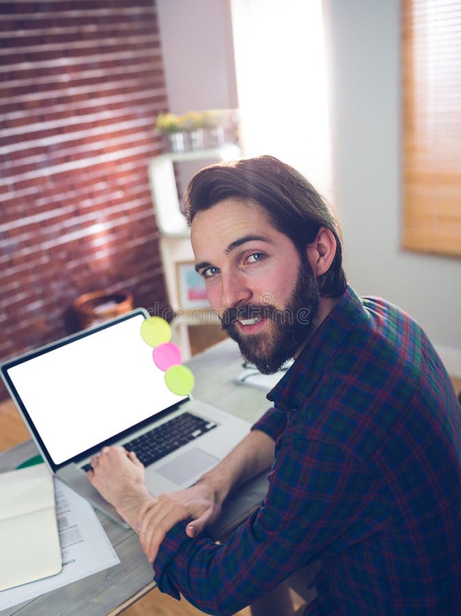 Portrait of Smiling Graphic Designer Using Laptop Stock Image - Image ...