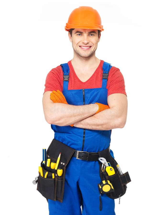 Smiling Handyman with Tools and Paper Stock Photo - Image of background ...