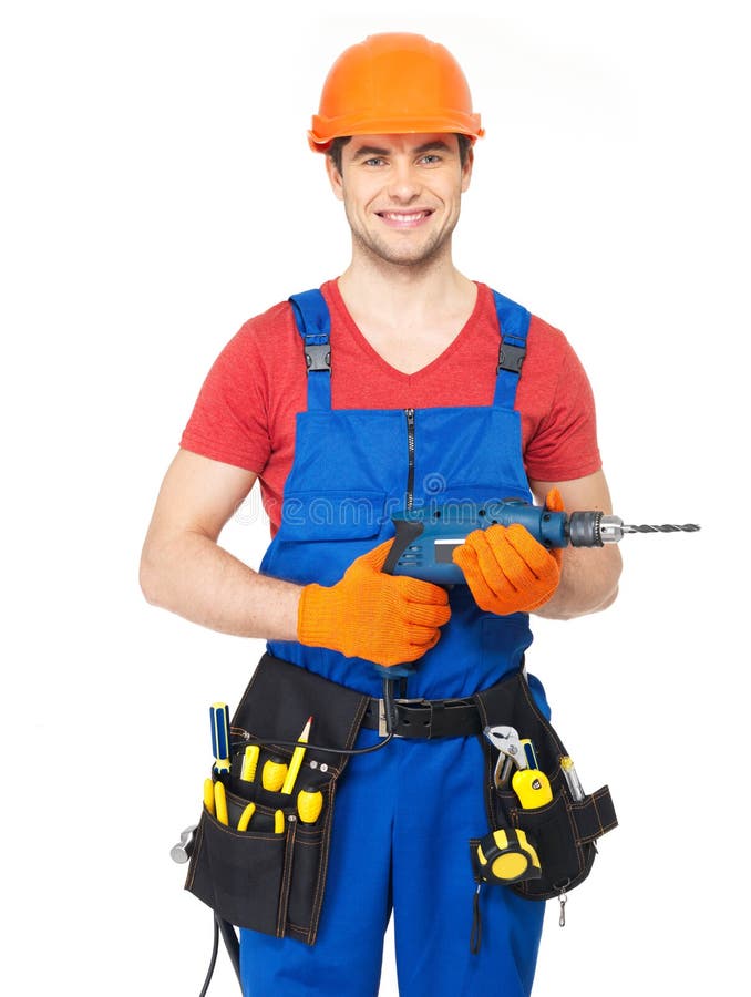 Smiling Handyman with Tools and Paper Stock Image - Image of manual ...