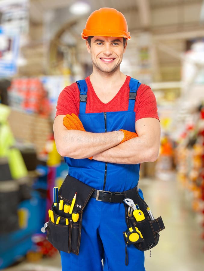 Smiling Handyman with Tools and Paper Stock Image - Image of manual ...
