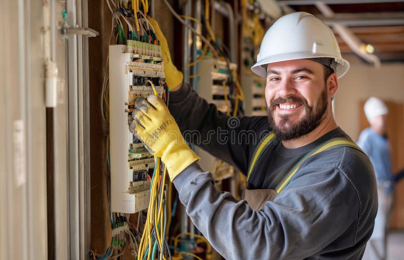 Portrait of Smiling Male Electrician in Hard Hat and Uniform Stock ...
