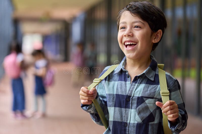 Portrait of Smiling Male Elementary School Pupil Outdoors with Backpack ...