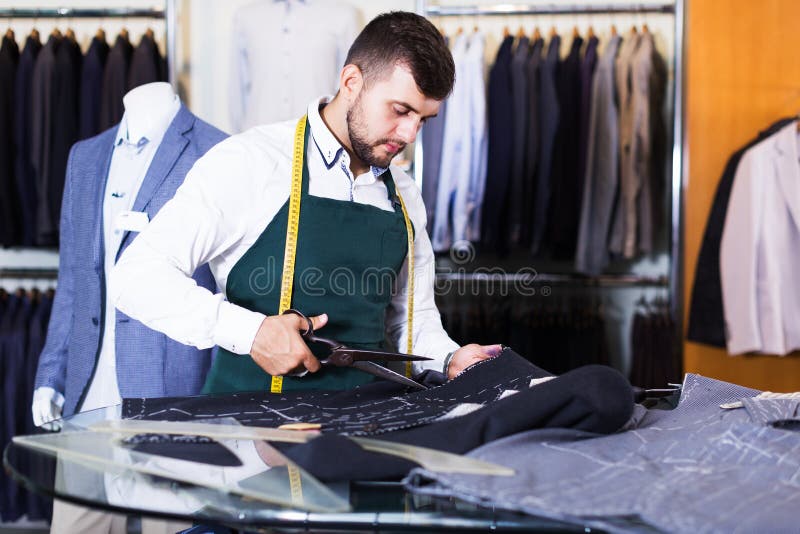 Male Tailor Working at Workshop Stock Photo - Image of designer, thred ...
