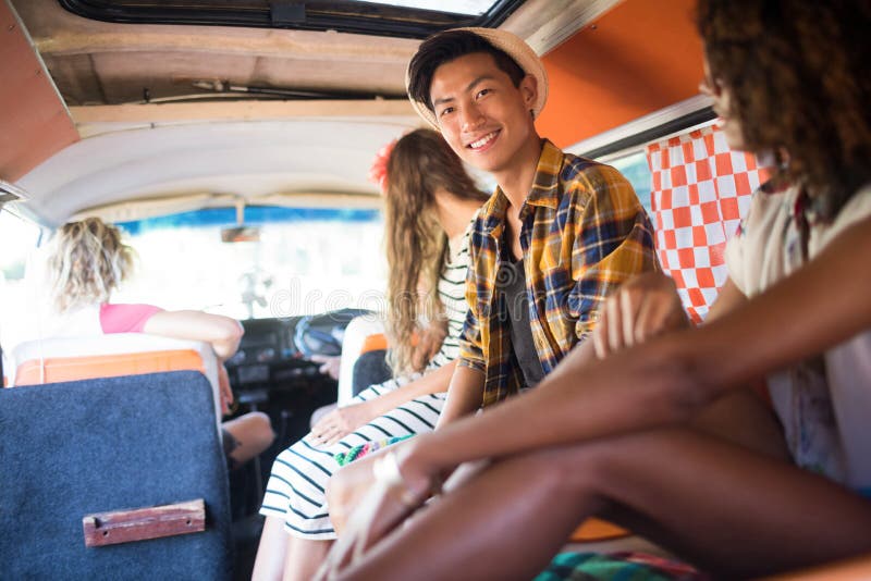 Portrait of Smiling Man with Friends in Camper Van Stock Photo - Image ...