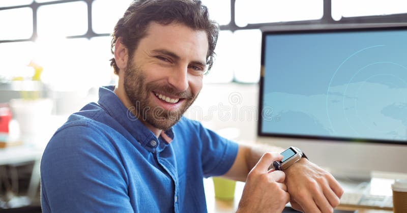 Portrait of Smiling Man Using Smart Watch Stock Photo - Image of ...