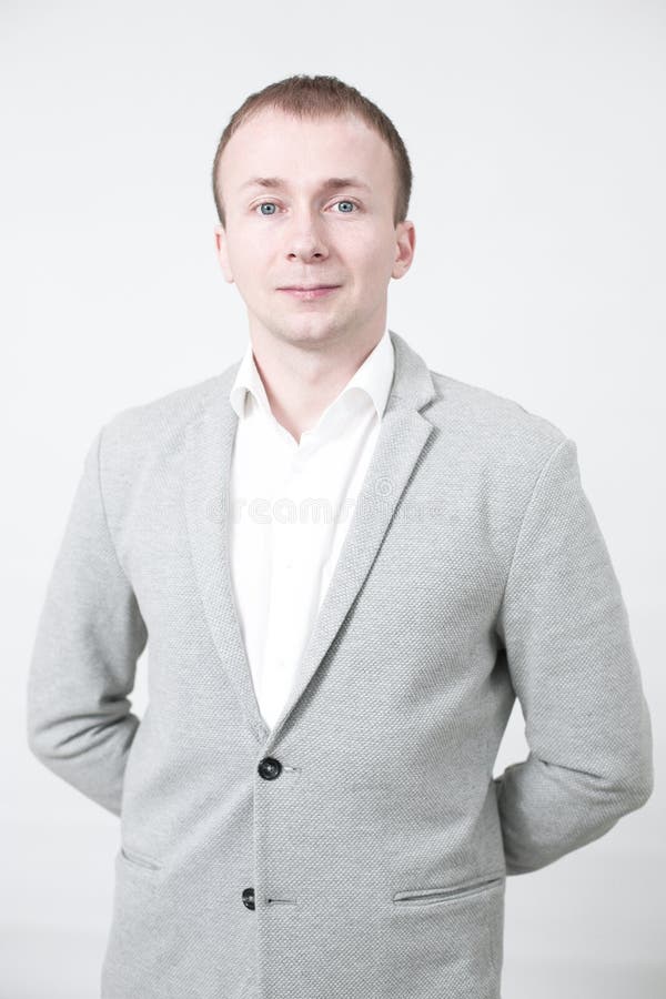 Portrait of Smiling Man with Hands Against on White Background Stock ...