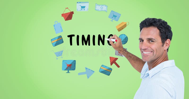Portrait of Smiling Man Writing Timing Surrounded by Various Icons ...