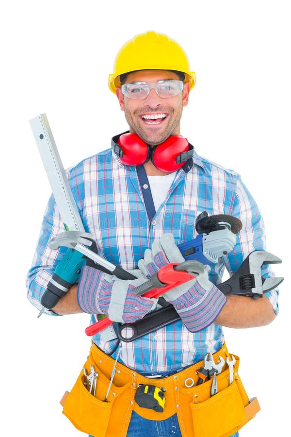 Portrait of Smiling Manual Worker Holding Various Tools Stock Photo ...