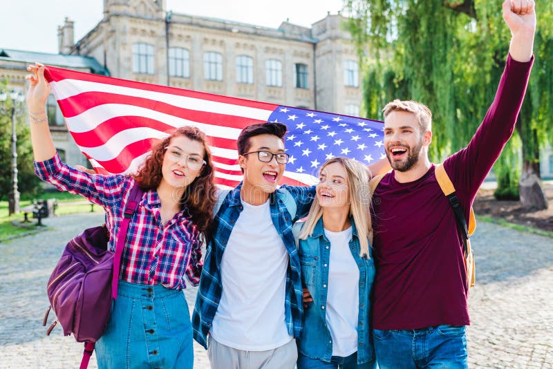 Portrait of Smiling Multicultural Students with American Flag Stock ...