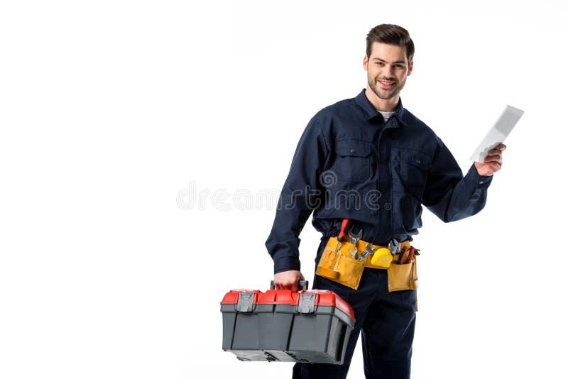Portrait of Smiling Plumber in Uniform with Tool Box and Digital Tablet ...