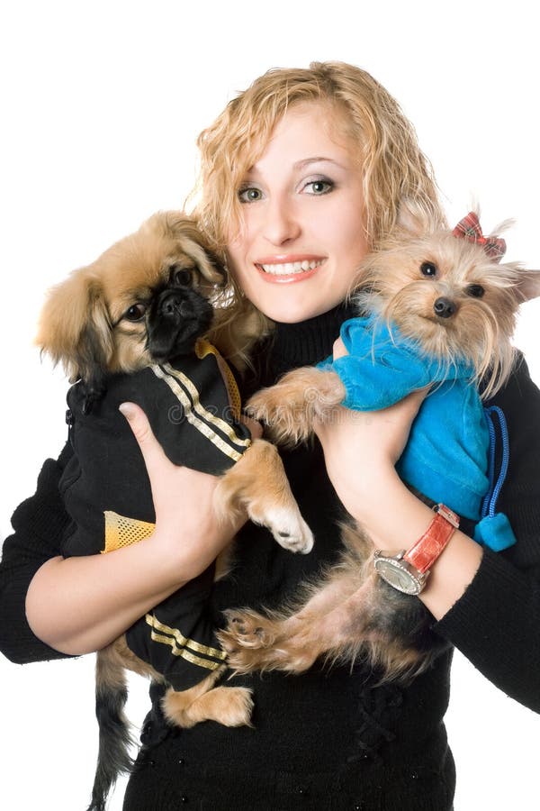 Portrait of Smiling Pretty Blonde with Two Dogs. Isolated Stock Image ...