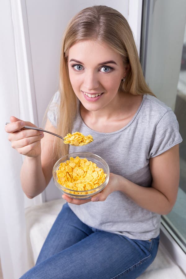 Portrait of Smiling Pretty Girl Having Breakfast Stock Image - Image of ...