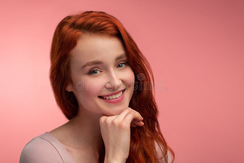 Portrait Of Smiling Redhead Girl Perfect Skin Beautiful Female Model