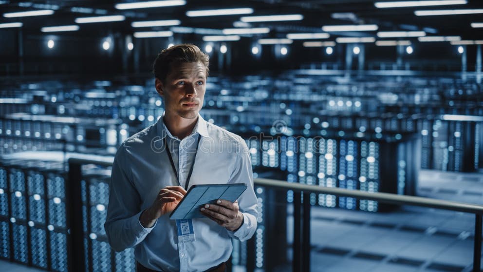 Portrait of Smiling it Specialist Using Tablet Computer in Data Center ...