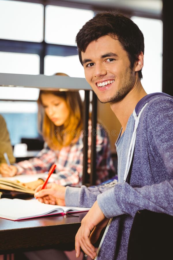 Portrait of a Smiling Student Sitting at Desk Looking at Camera Stock ...
