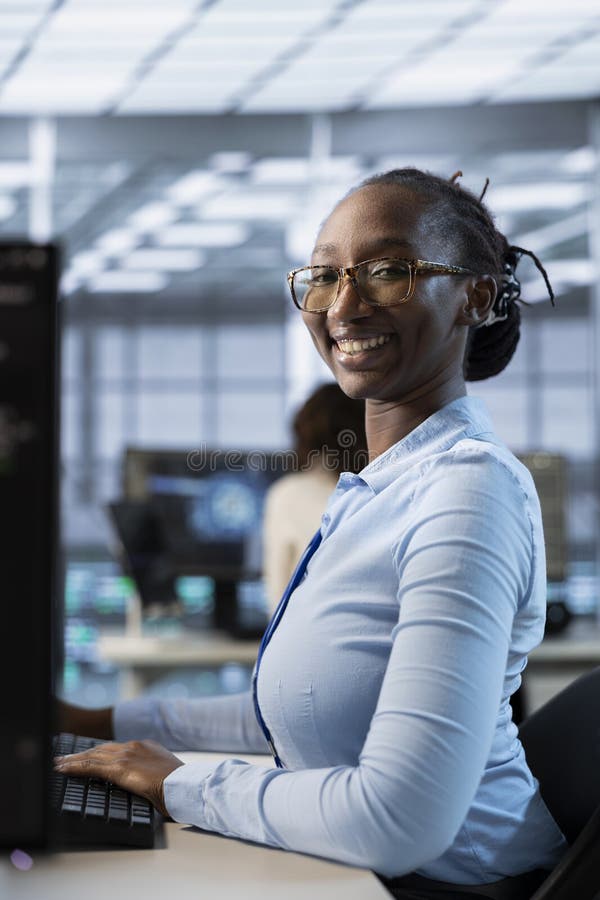 Portrait of Smiling Technician in Data Center Testing Equipment Stock ...