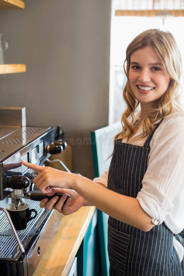 Portrait of Smiling Waitress Making Cup of Coffee Stock Photo - Image ...