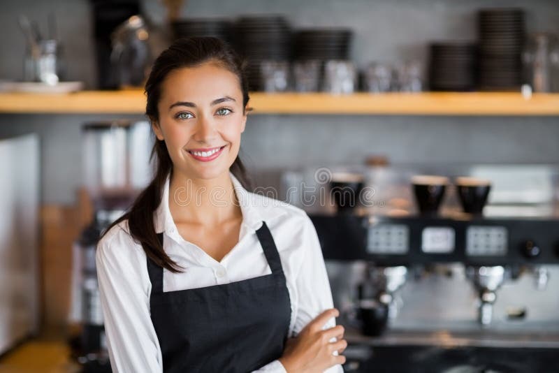 Portrait of Smiling Waitress Using Digital Tablet Stock Image - Image ...