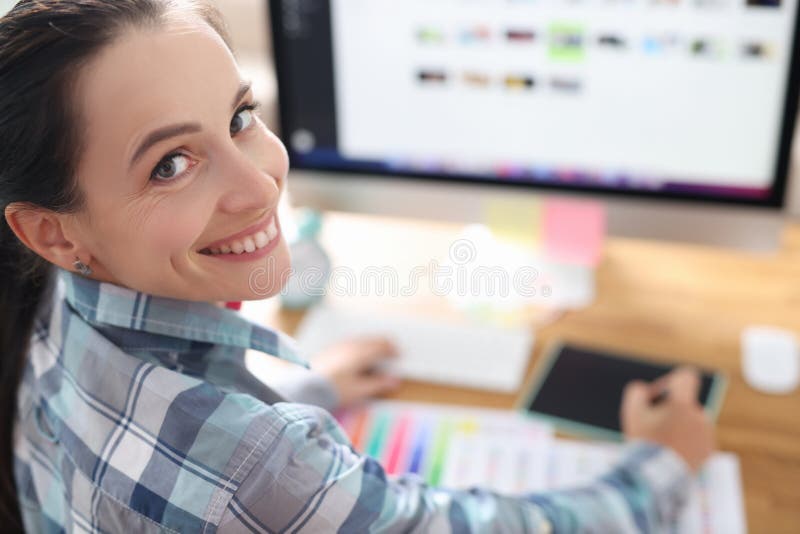 Portrait of Smiling Woman Designer Working at Computer Stock Image ...
