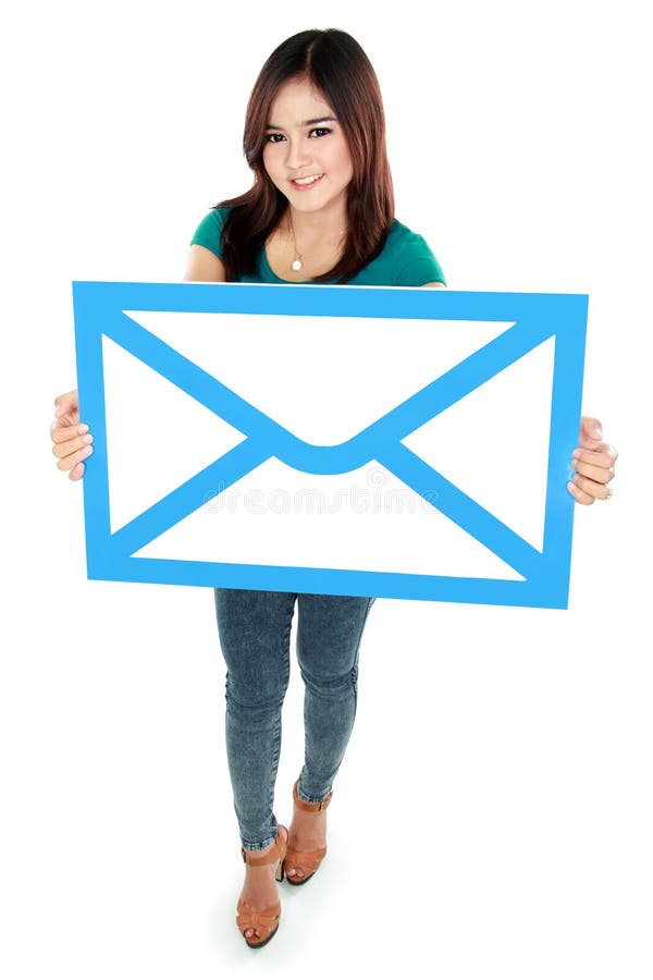 Portrait of Smiling Woman Holding Envelope Sign Stock Image - Image of ...