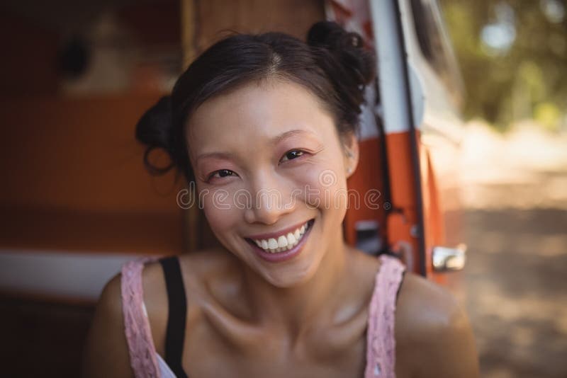 Portrait of Smiling Woman Sitting in Mini Van Stock Photo - Image of ...