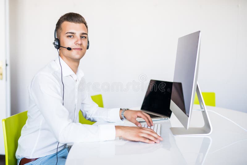 Portrait of a Smiling Young Handsome Man in Formalwear with Headset ...