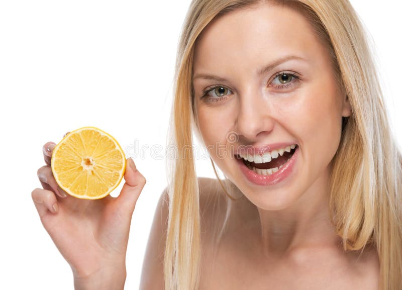 Portrait of Smiling Young Woman with Lemon Stock Photo - Image of fresh ...