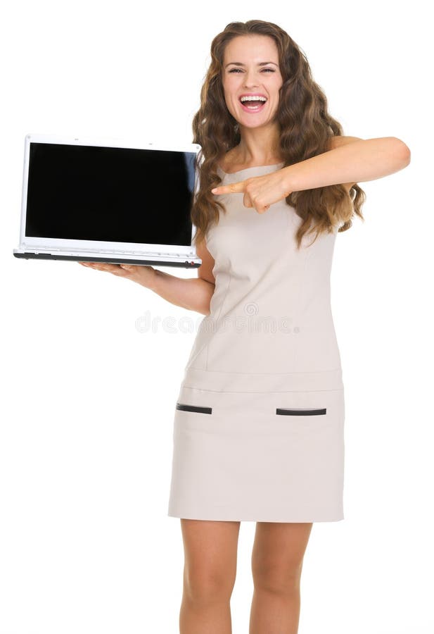 Portrait of Smiling Young Woman Pointing on Laptop Stock Photo - Image ...