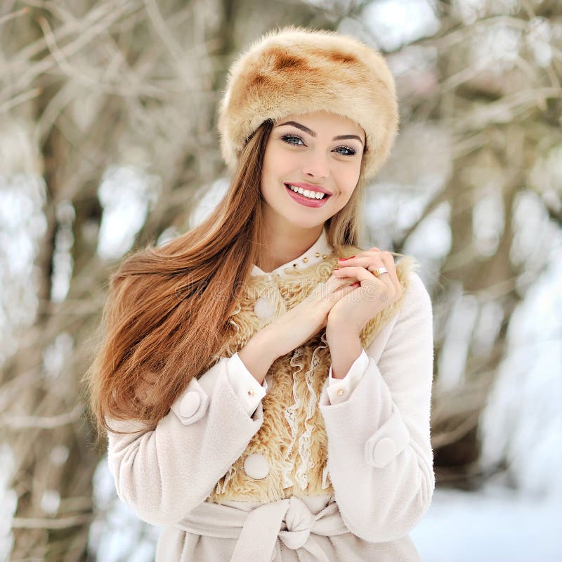 Portrait of Smiling Young Woman in Winter Outdoors Stock Photo - Image ...