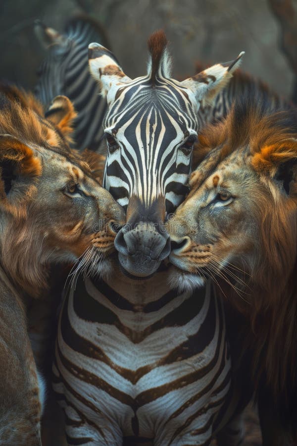 A Portrait of a Smiling Zebra Surrounded by Affectionate Lions Stock ...
