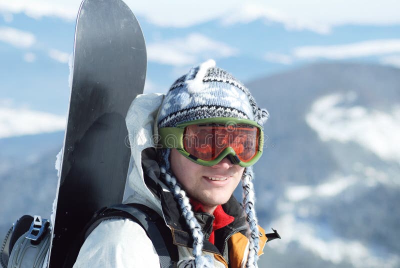Portrait of Snowboardr in the Mountains Stock Image - Image of finger ...