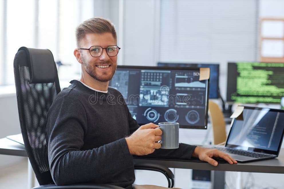 Smiling Software Programmer at Workplace Stock Image - Image of ...