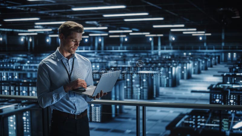 Portrait of it Specialist Uses Laptop in Data Center. Server Farm Cloud ...