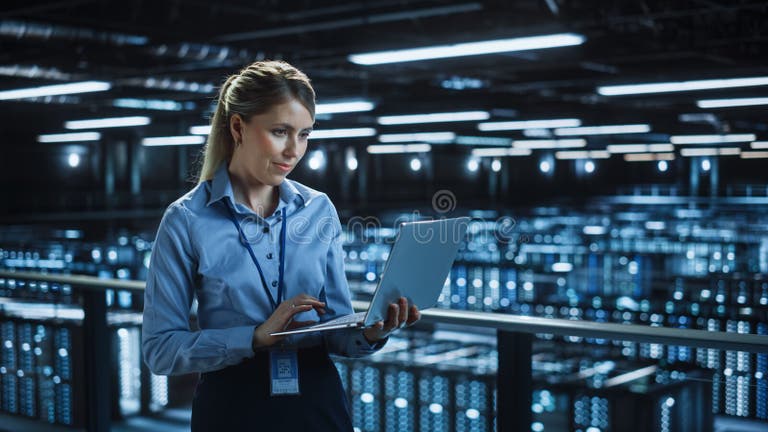 Portrait of it Specialist Using Laptop in Data Center. Big Server Farm ...