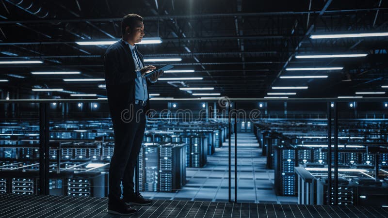 Portrait of it Specialist Using Tablet Computer in Data Center. Big ...
