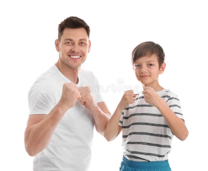 Portrait of Sporty Dad and His Son on White Stock Image - Image of ...